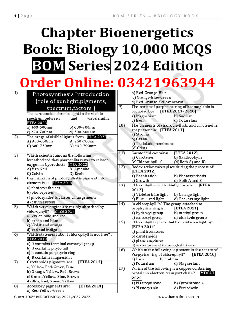 Bioenergetic MCQS by Study Corner | PDF | Cellular Respiration | Photosynthesis