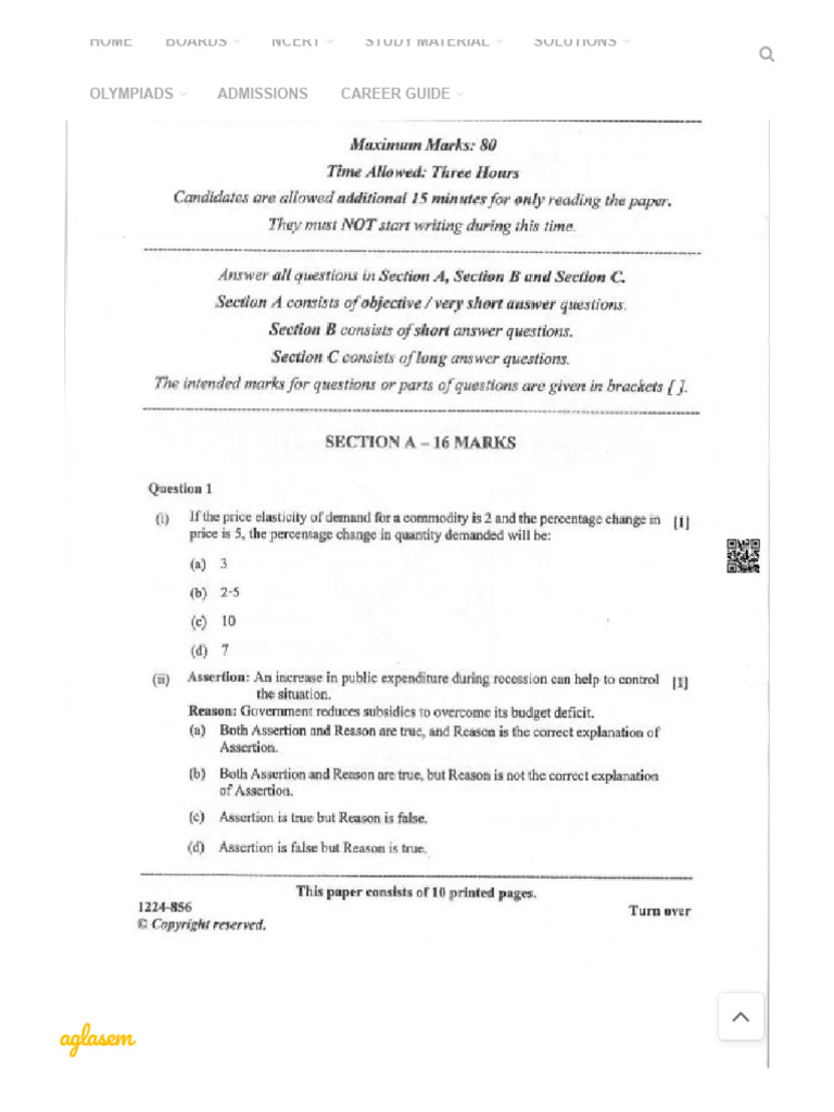 ISC Economics Question Paper 2024 | PDF