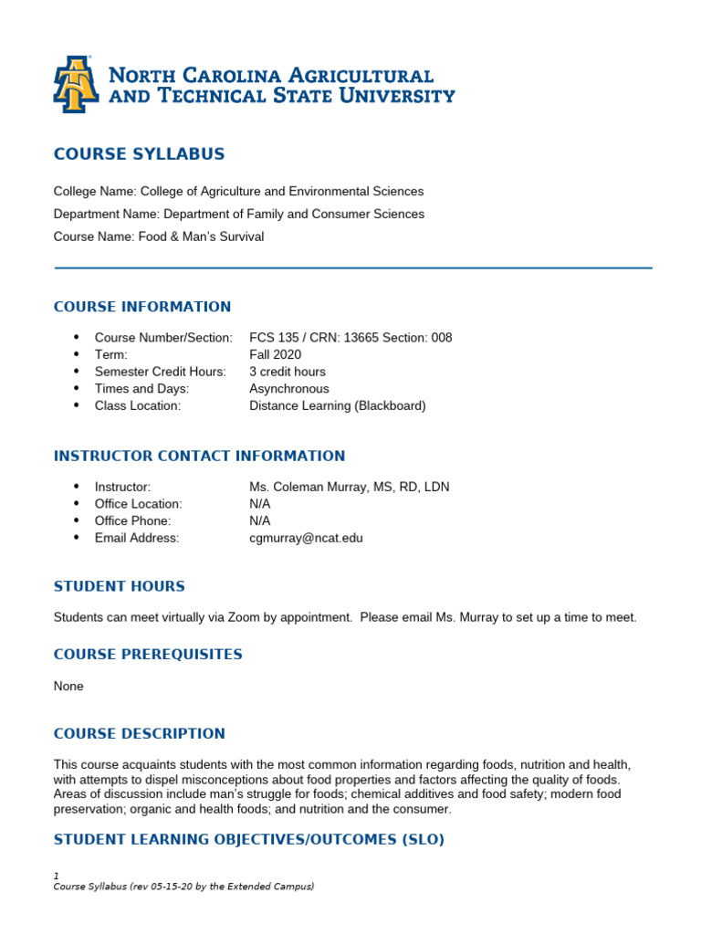 FCS 135 Fall 2020 Syllabus - Online - Updated | PDF | Human Nutrition ...