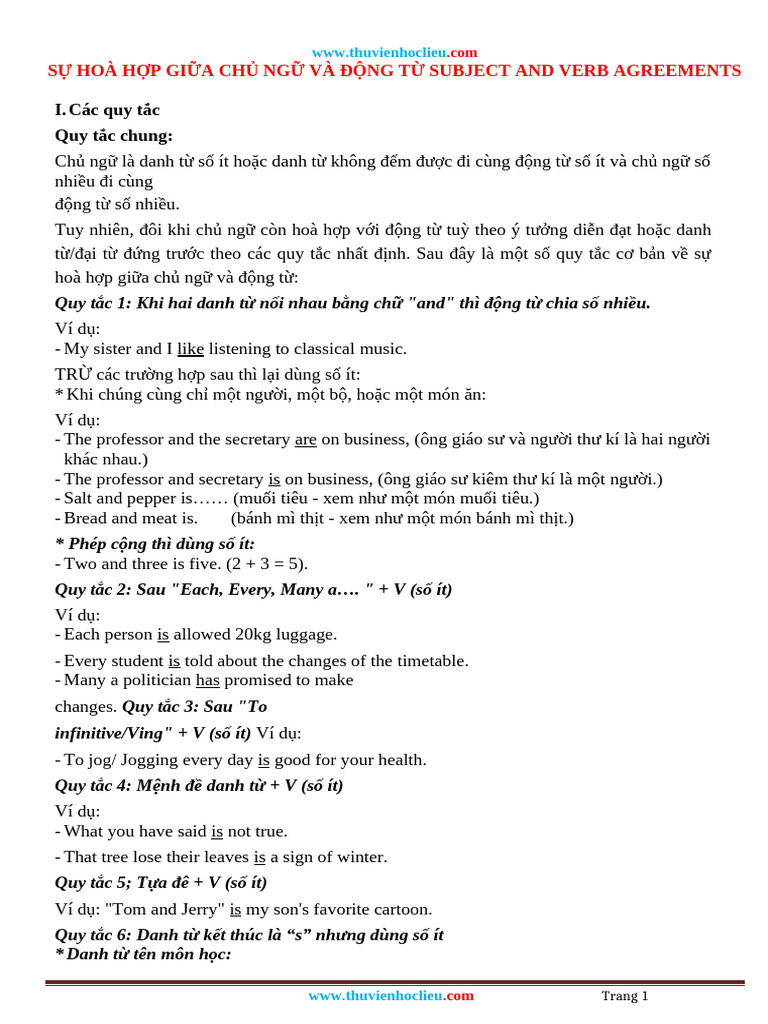 S Hoà H P Gi A CH NG Và Đ NG T Subject and Verb Agreements | PDF