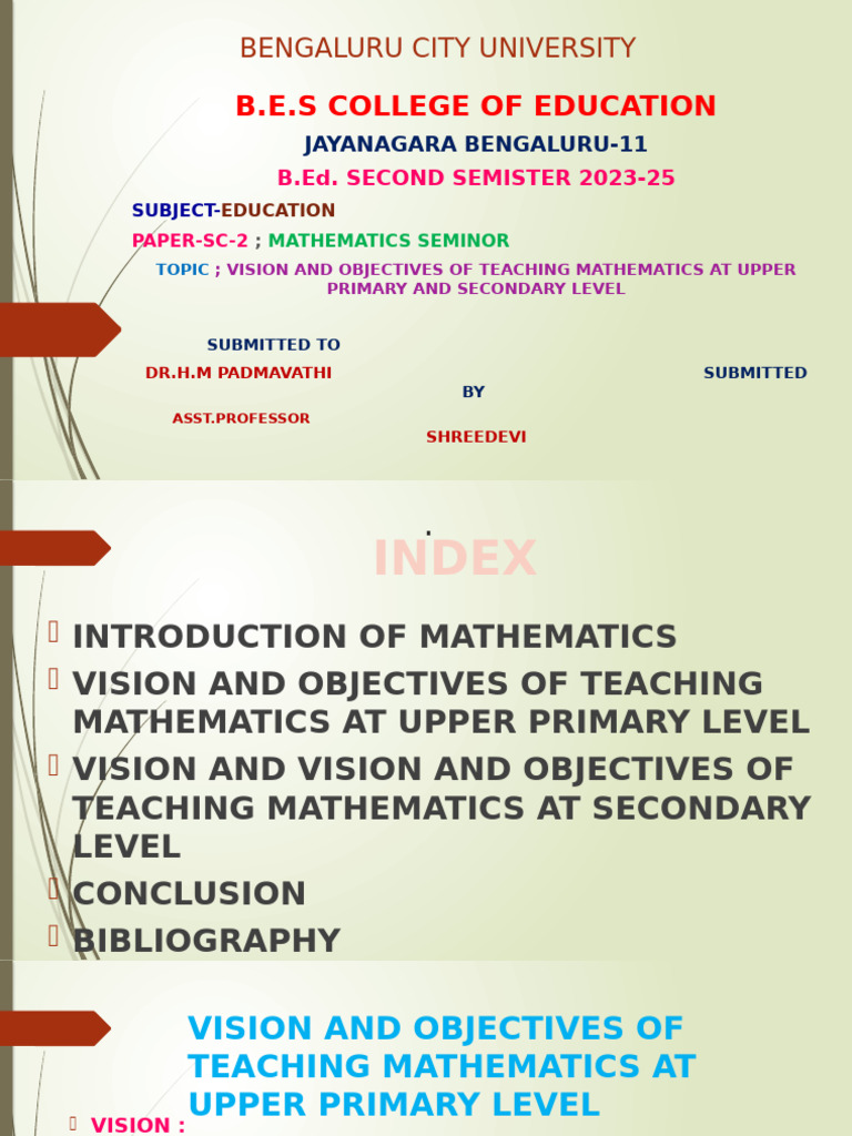 Vision and Objectives of Teaching Mathematics at Upper Primary and ...