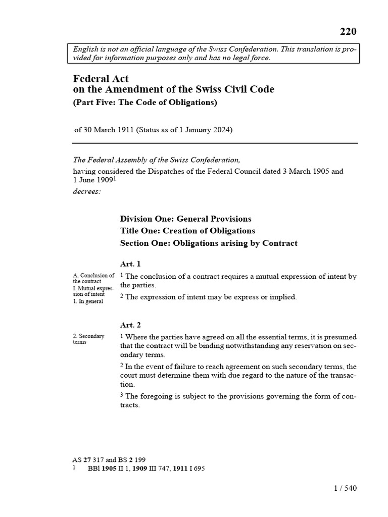 Fedlex Data Admin CH Eli CC 27 317 - 321 - 377 20240101 en PDF A 2 | PDF | Offer And Acceptance ...