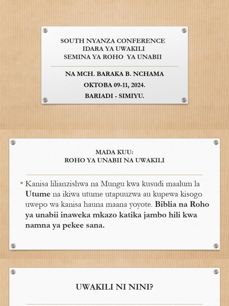 Roho Ya Unabii Na Uwakili - Bariadi | PDF