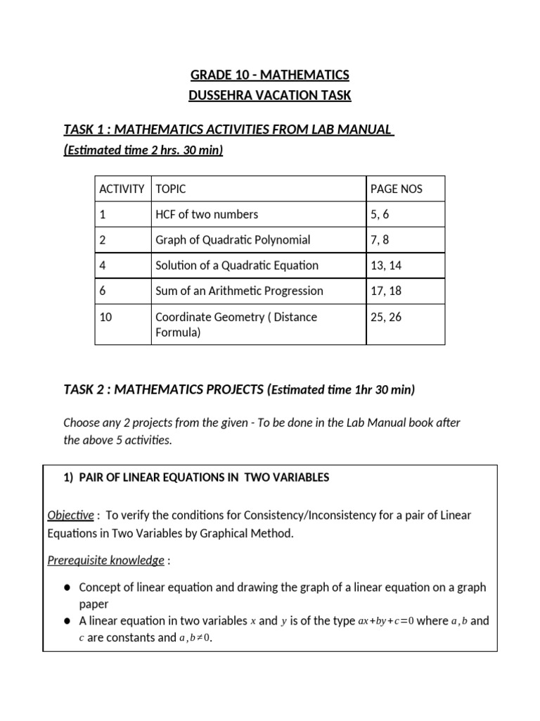 Grade 10 Math Dussehra Vacation Tasks | PDF | Equations | Variable ...