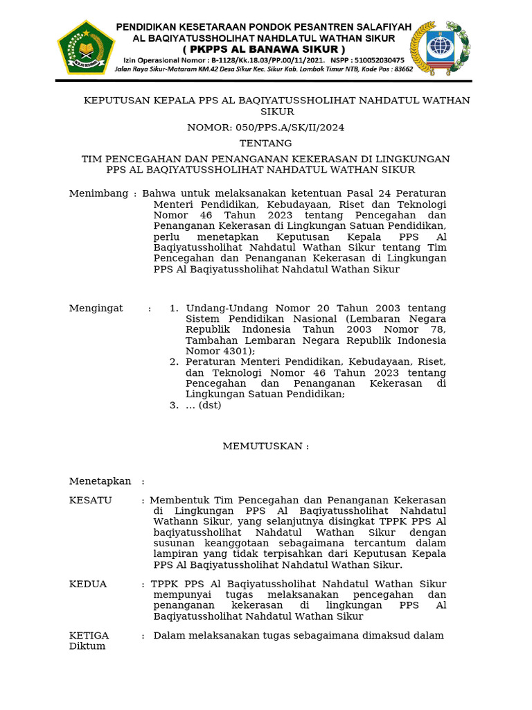 Template SK Kepala Satuan Pendidikan Pembentukan TPPK | PDF