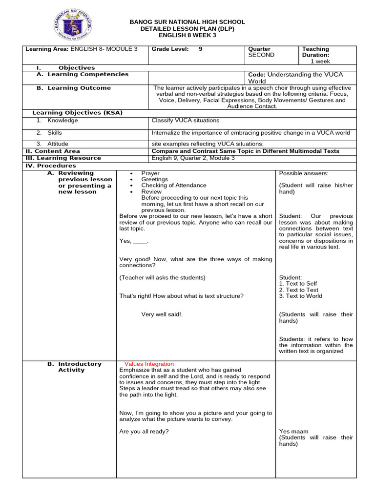 English 9 Q2, W4 DLP | PDF | Human Communication | Cognition
