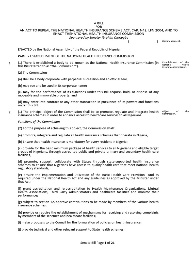 Nigerian National Health Insurance Bill | PDF | Insurance | Employment