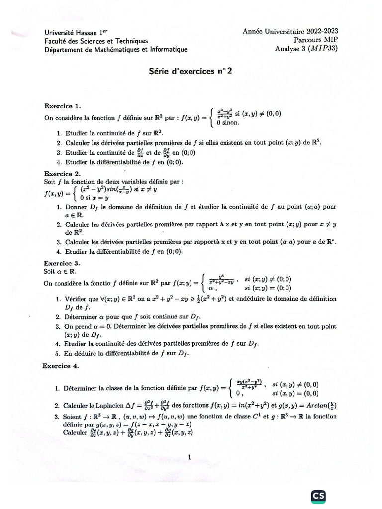 ANALYSE 3 Série D'exercices 2 | PDF