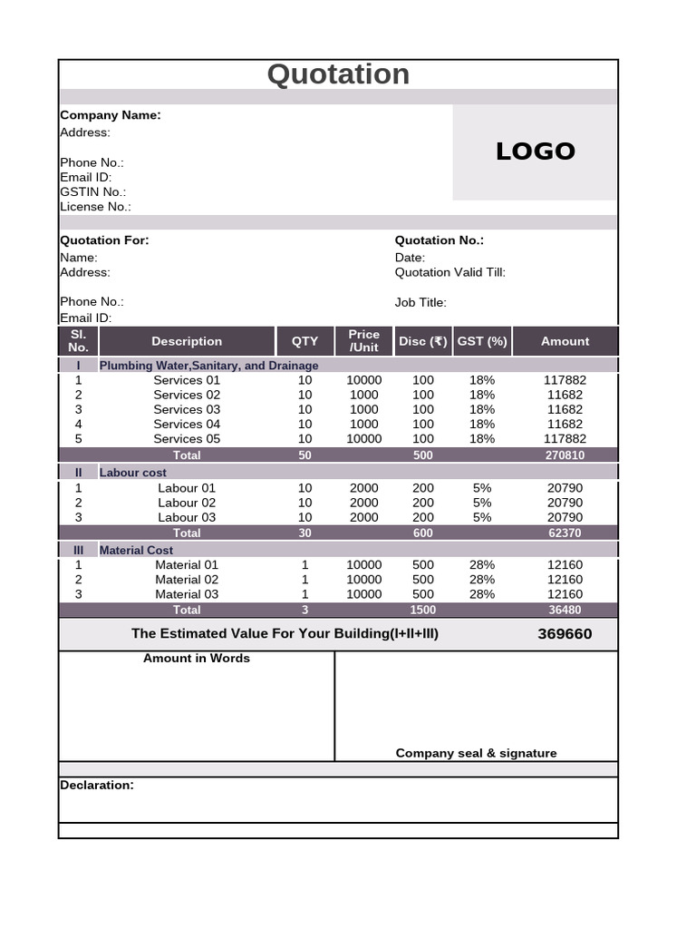 Plumbing Quotation Format 01 | PDF