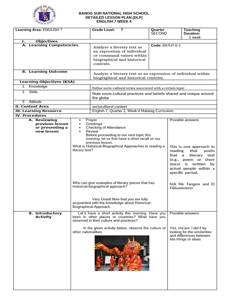 English 7 Q2, W4 DLP | PDF | Learning | Communication