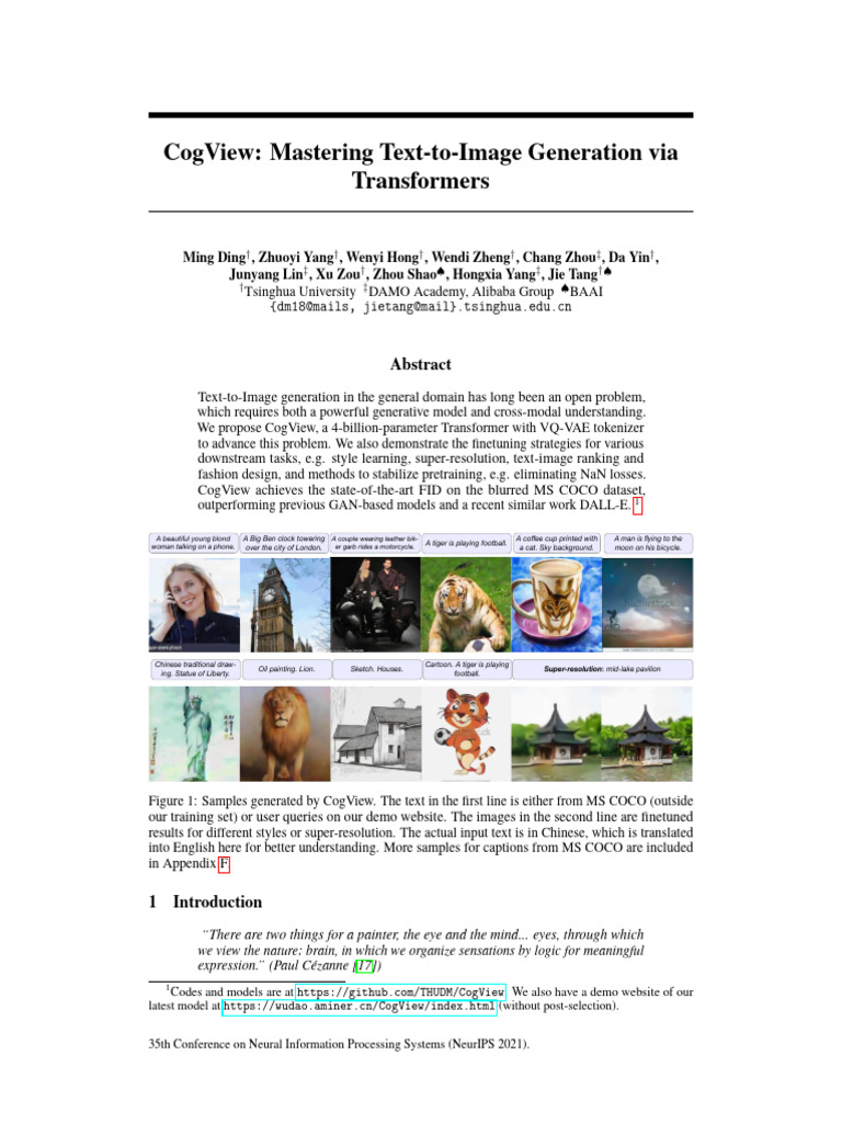 NeurIPS 2021 Cogview Mastering Text To Image Generation Via Transformers Paper | PDF | Teaching ...