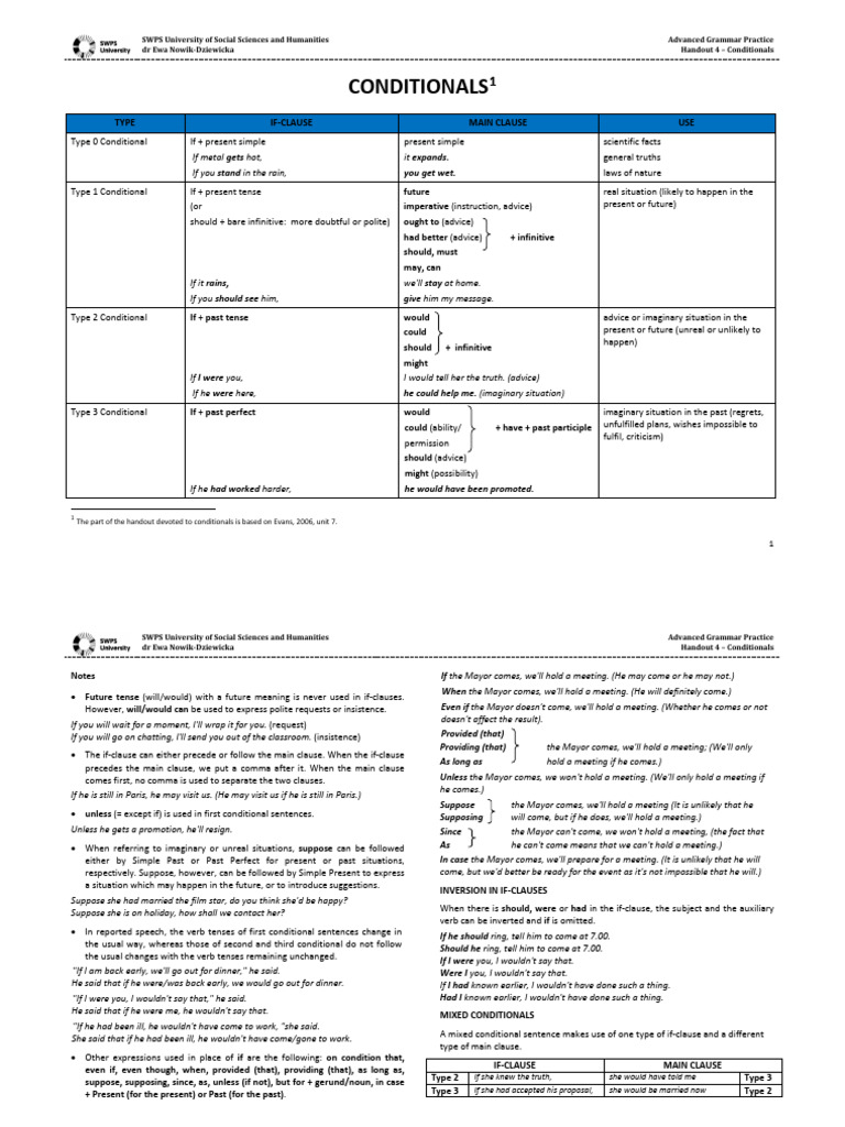 AGP Handout 4 Conditionals | PDF | Verb | Grammatical Tense