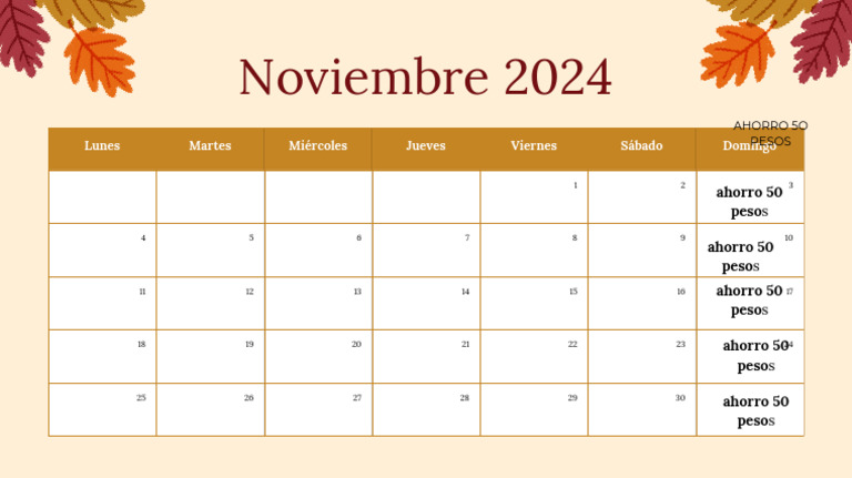 Calendario Noviembre 2024 Sencillo Marrón | PDF