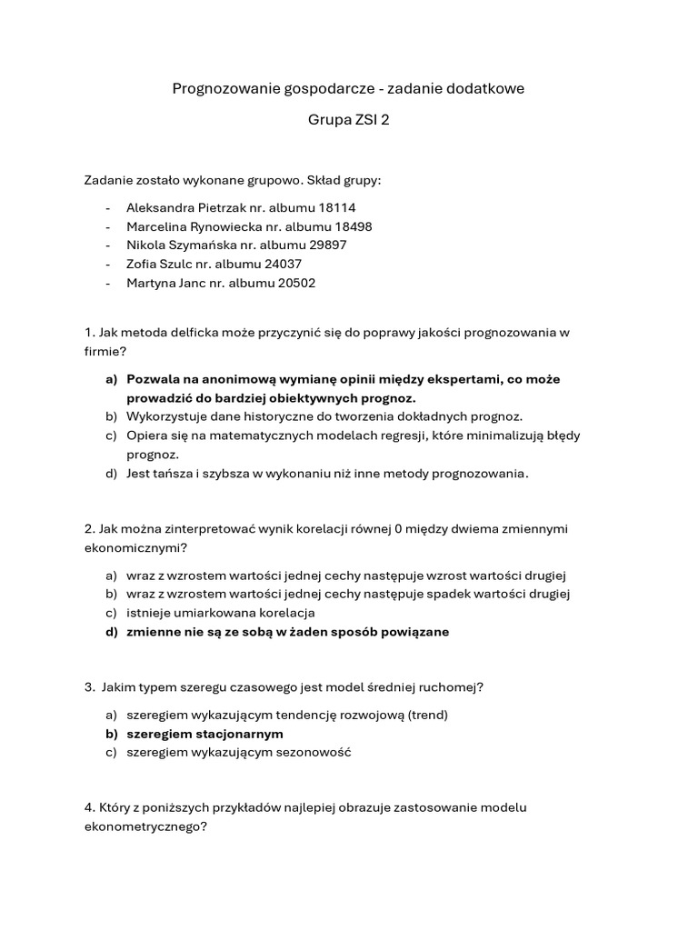 Prognozowanie Gospodarcze Zadanie Dodatkowe | PDF