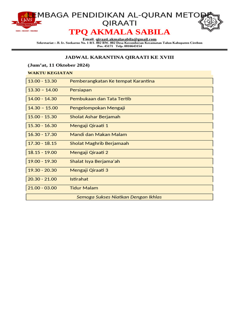 Rundown Karantina Okt 2024 (7 Hari) | PDF