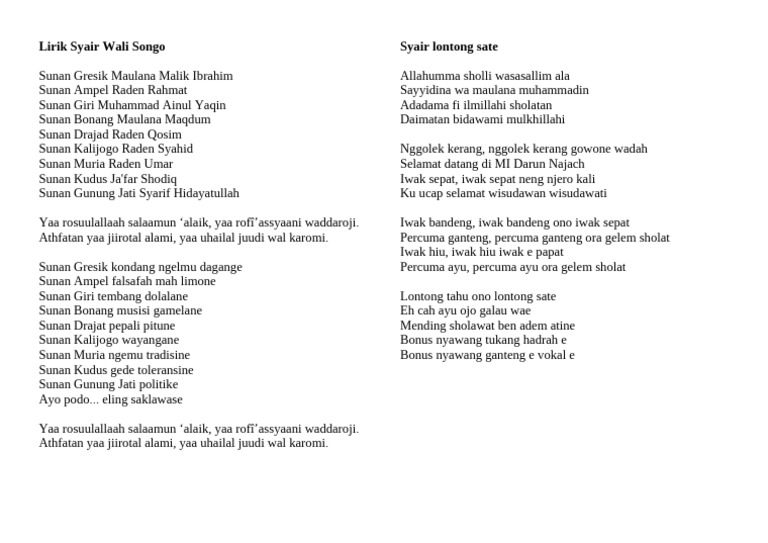 Lirik Syair Wali Songo | PDF