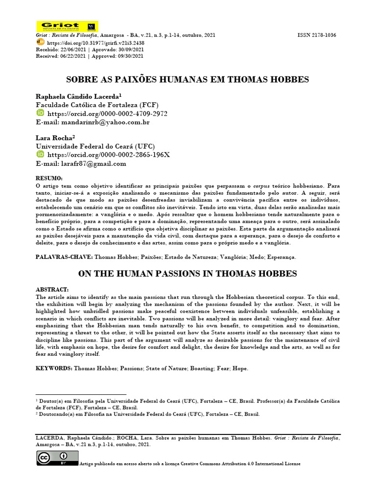 Paixões Humanas em Thomas Hobbes | PDF | Estado | Thomas hobbes