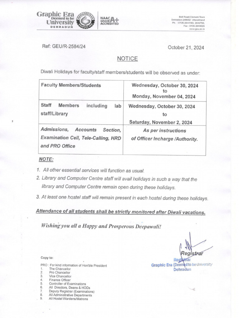 Revised Notice - Diwali Holidays 2024 | PDF