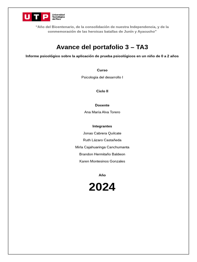 Informe Psicologico - Aplicacion de Pruebas - Ta3 | PDF | El embarazo | Teoría de apego