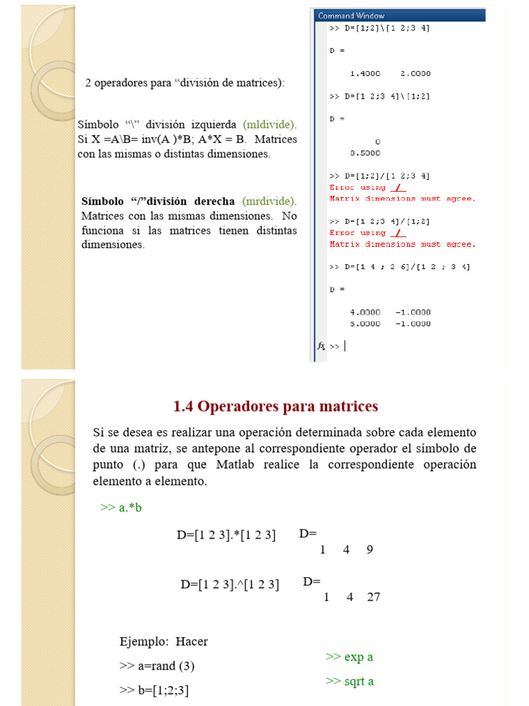 División de matrices en MATLAB | PDF | Matriz (Matemáticas) | Flujo de control