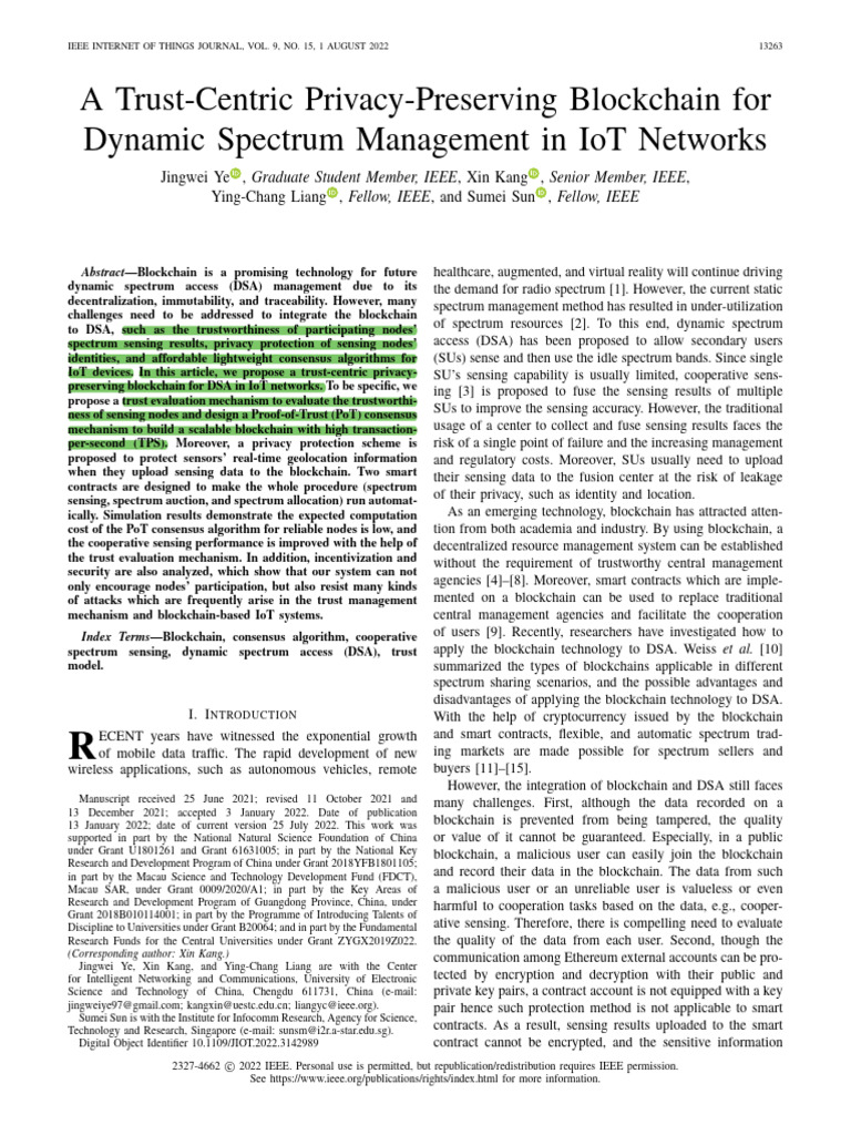 A Trust-Centric Privacy-Preserving Blockchain For Dynamic Spectrum Management in IoT Networks ...