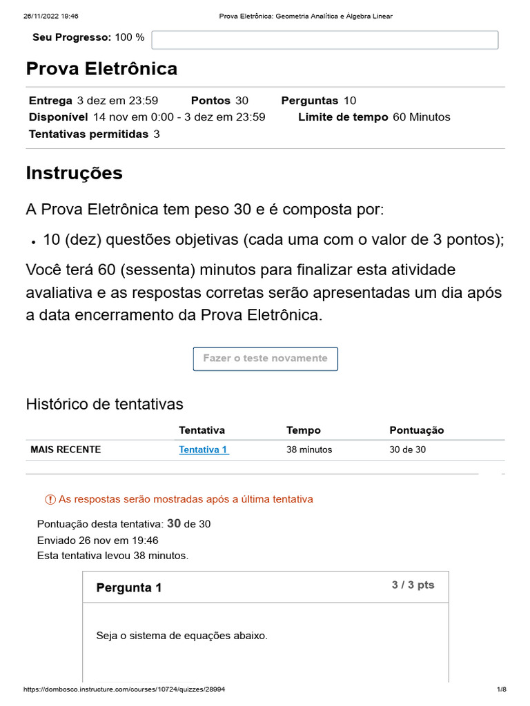 Geometria Analítica e Álgebra Linear - Prova Eletrônica | PDF | Álgebra linear | Geometria Analítica