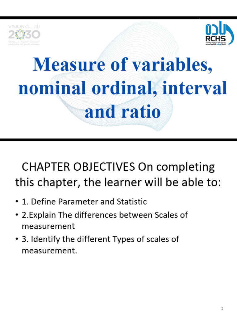 Measure of Variables, Nominal Ordinal, Interval and Ratio | PDF | Level Of Measurement | Measurement