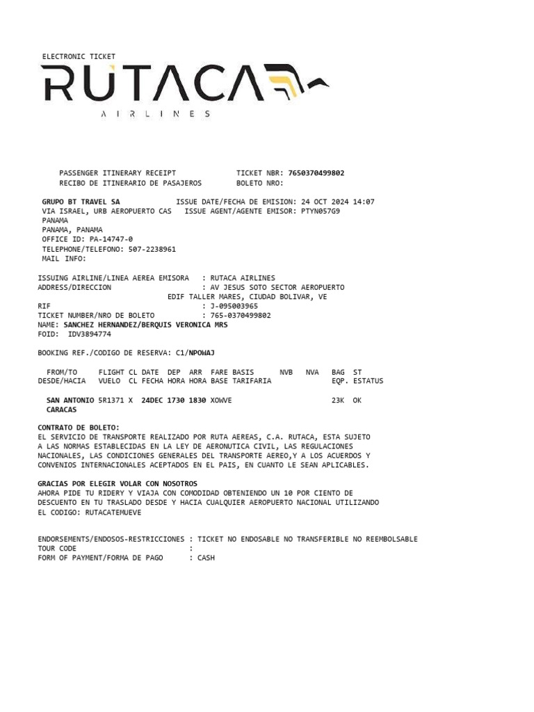 E-Ticket Itinerary Receipt - Sanchez Hernandez - Berquis Veronica Mrs ...