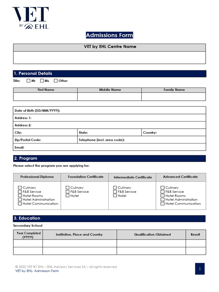 2022 - VET by EHL - Admissions Form V2 | PDF