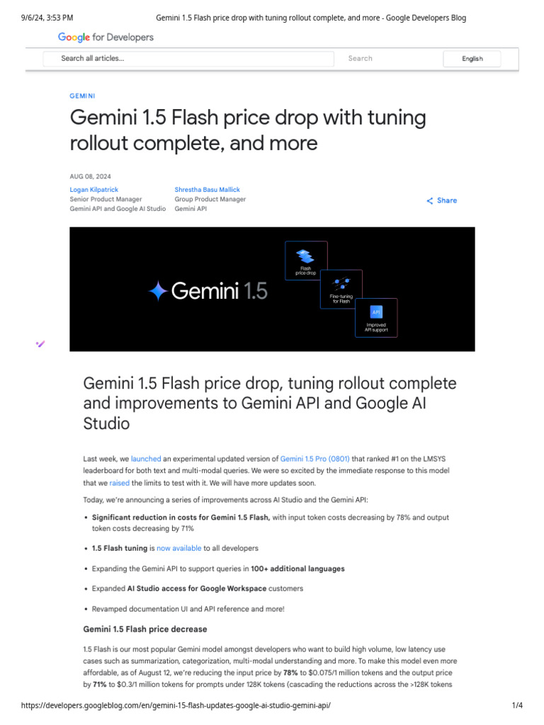 Gemini 1.5 Flash Price Drop With Tuning Rollout Complete, and More - Google Developers Blog ...
