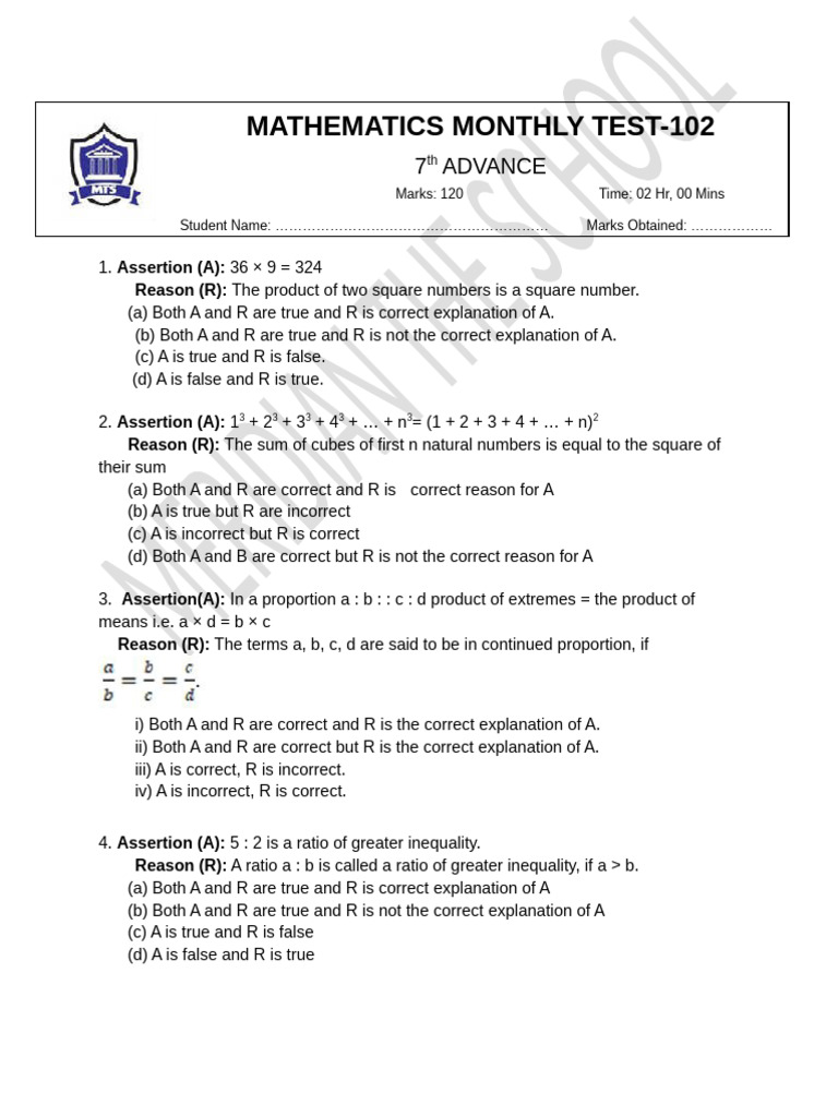 7th Grade Advanced Math Test | PDF | Ratio | Numbers
