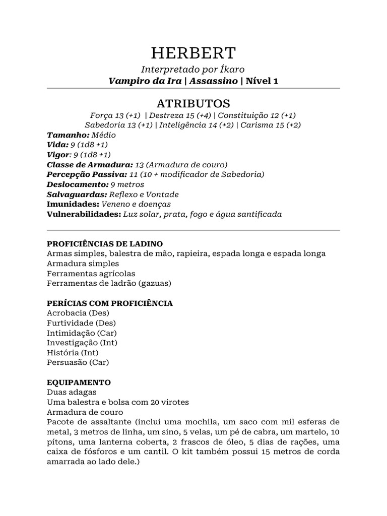 Ficha de Personagem - Herbert | PDF | Vampiros