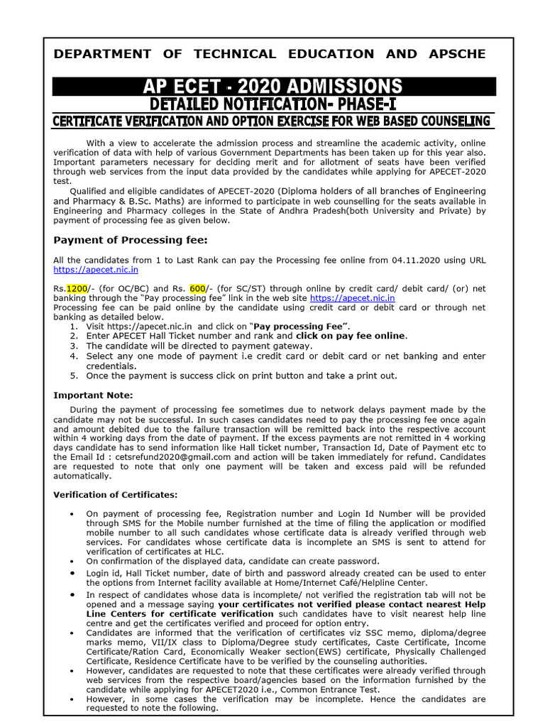 APECET-2020 Application and Counselling Guide | PDF | Credit Card ...