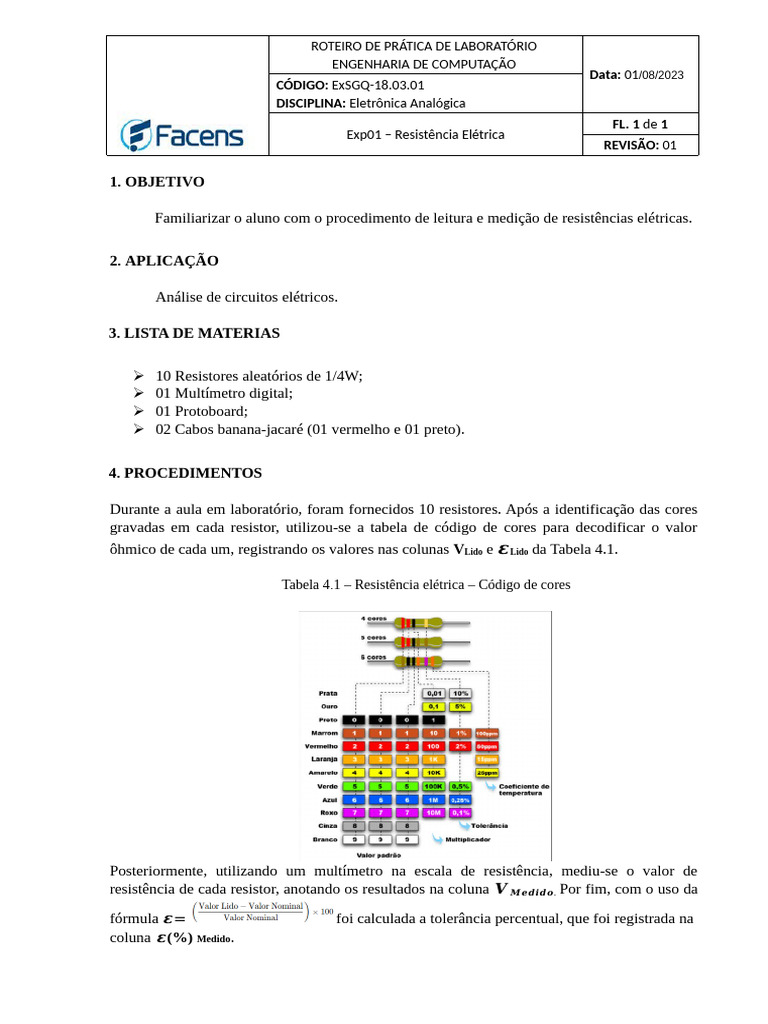 Exp01 - Resistência Elétrica | PDF | Resistor | Resistência elétrica e condutividade