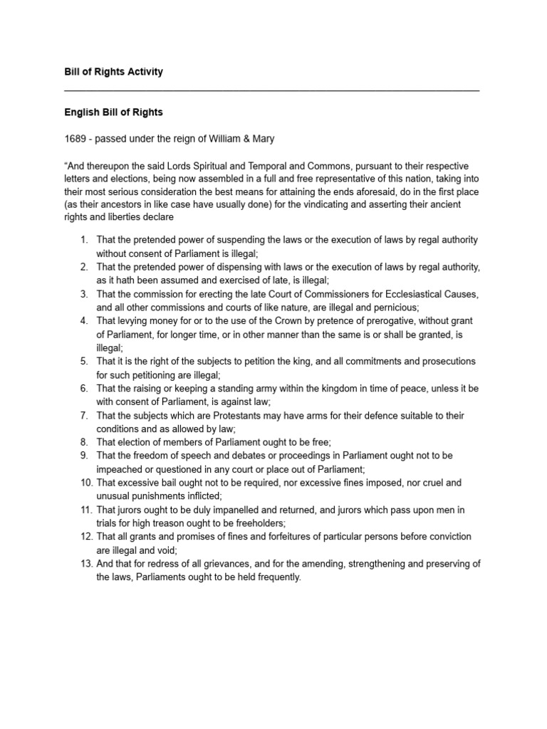 Daniel Provost - Bill of Rights Activity | PDF | United States Bill Of ...