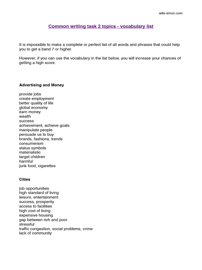 Common Writing Task 2 Topics - Vocabulary List | PDF | Cost Of Living | Crimes