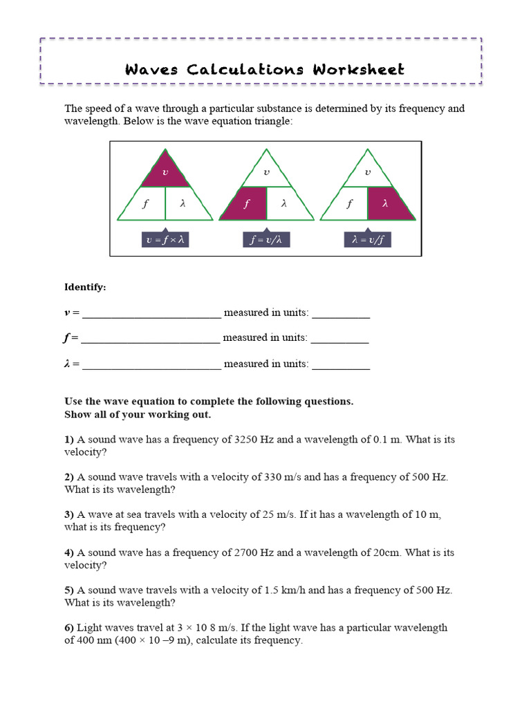 Waves Calculations Worksheet | PDF | Teaching Methods & Materials ...