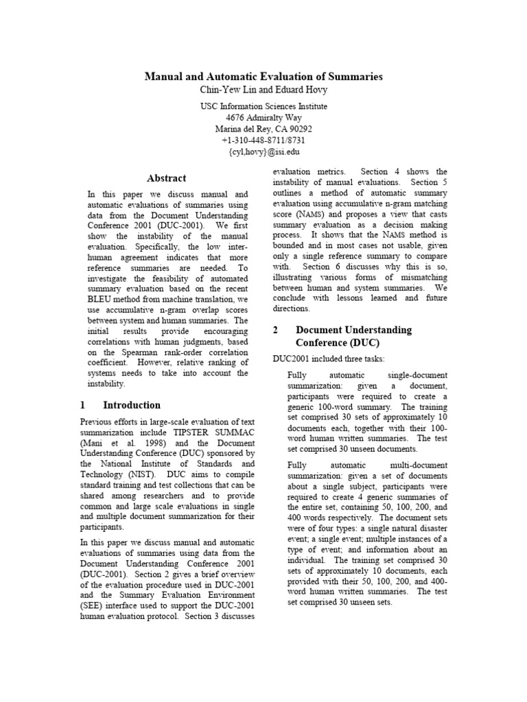 Manual and Automatic Evaluation of Summaries | PDF | Cognitive Science