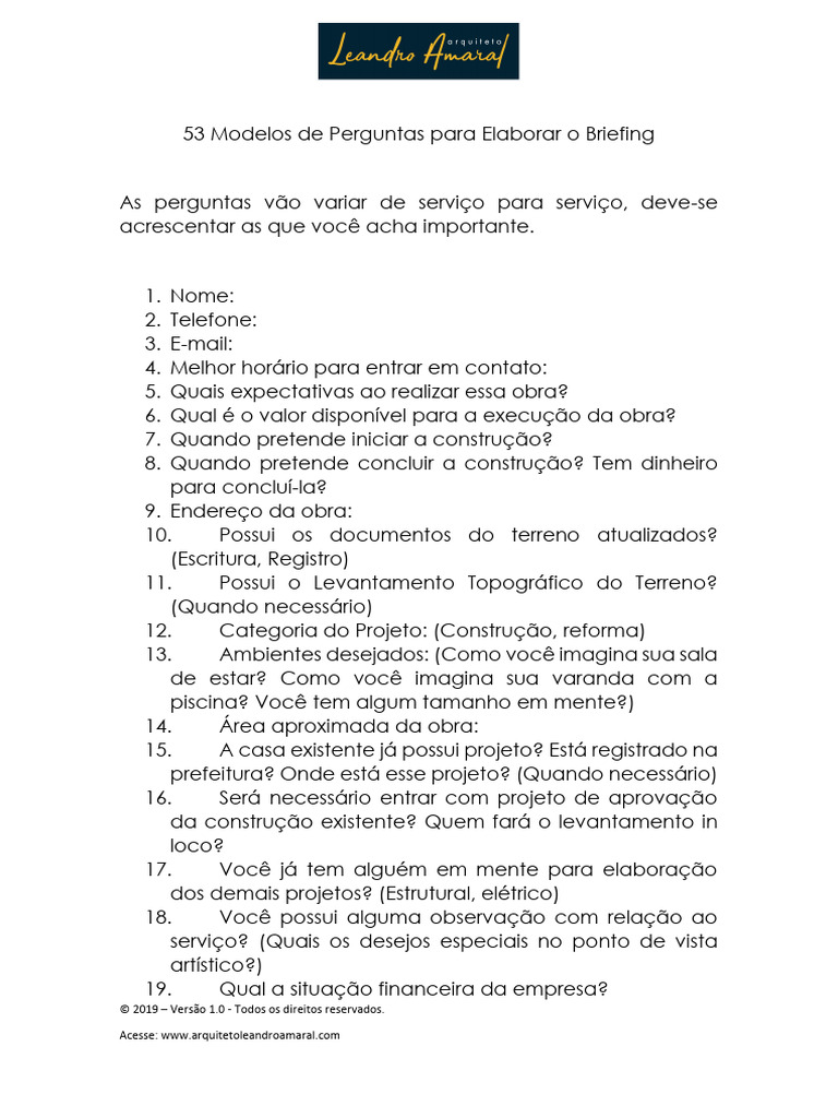 Checklist - 53 Modelos de Perguntas para Elaborar o Briefing | PDF