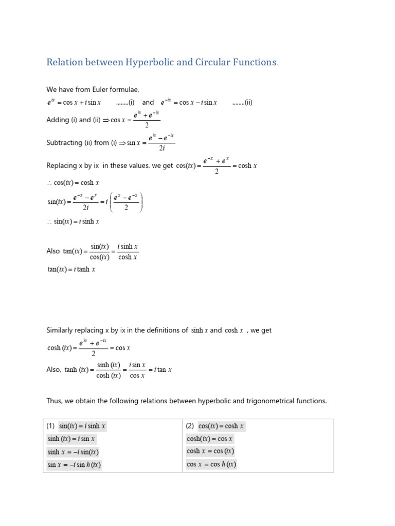 Hyperbolic Functions Relation Between Hyperbolic and Circular Functions | PDF | Trigonometric ...