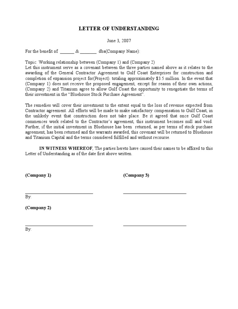 Letter of Understanding: IN WITNESS WHEREOF, The Parties Hereto Have ...