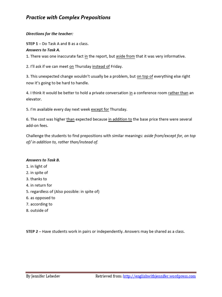 Complex Prepositions Handout1 | PDF