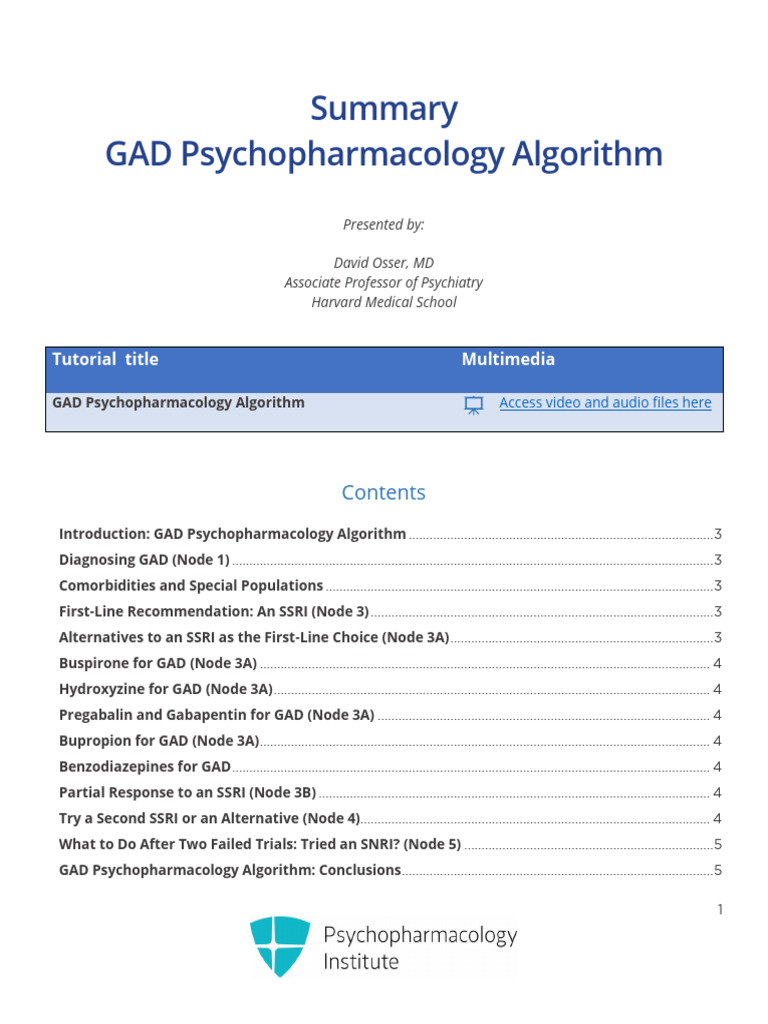 GAD Psychopharmacology Treatment Guide | PDF | Generalized Anxiety ...