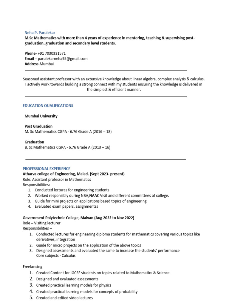 Neha CV Updated | PDF | Mathematics | Algebra