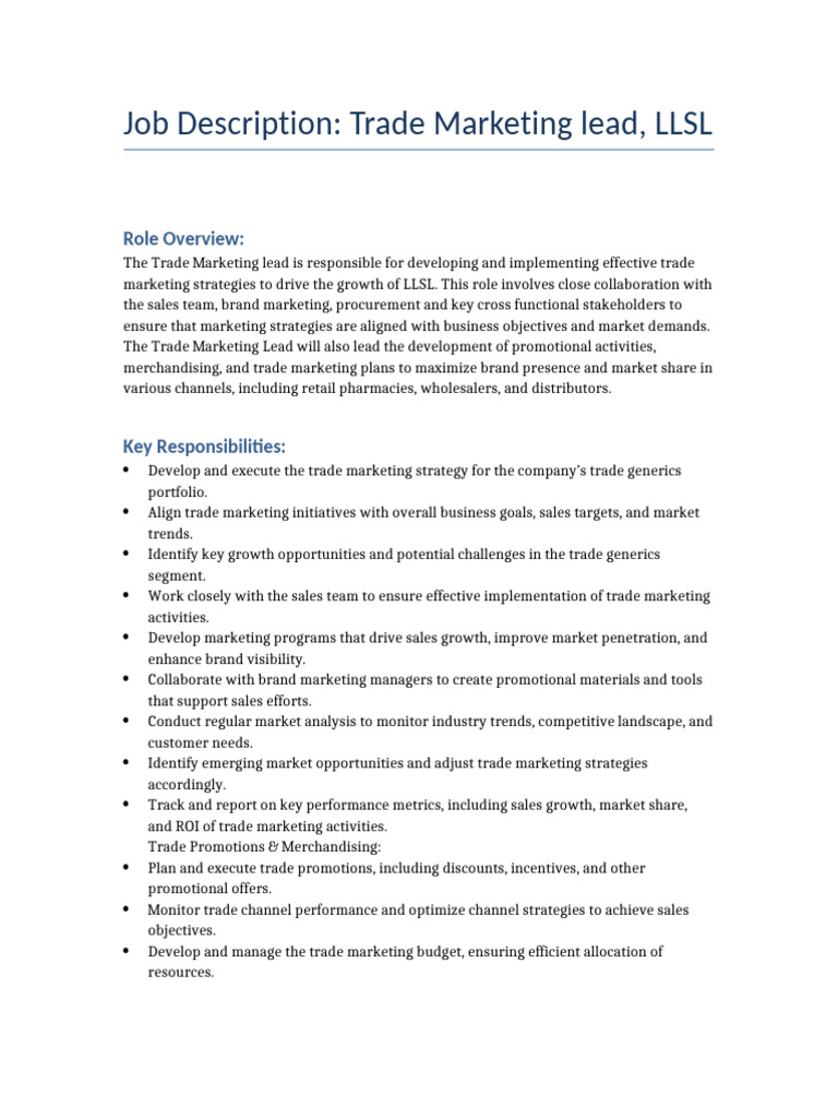 Trade Marketing Lead Job Description | PDF | Marketing | Marketing Strategy