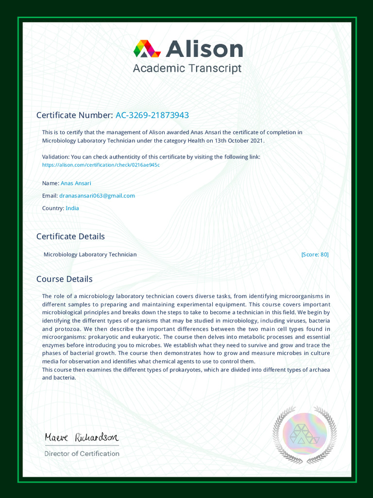 Alison Transcript 3269 21873943 | PDF | Science & Mathematics