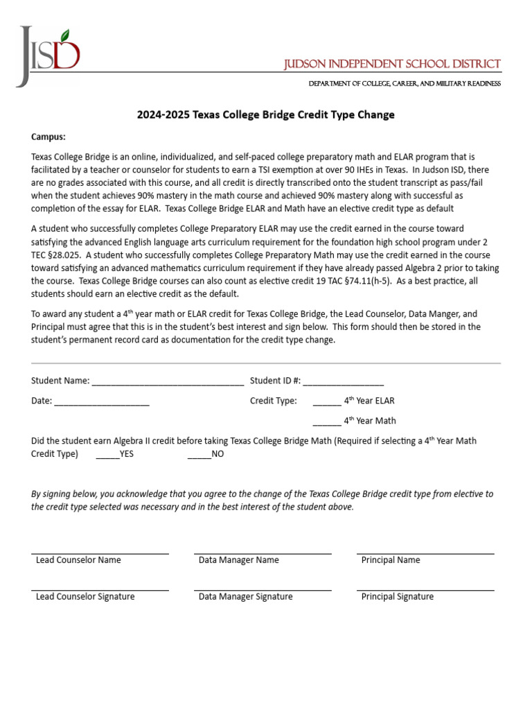 Editable 2024-2025 Texas College Bridge Credit Type Change | PDF ...