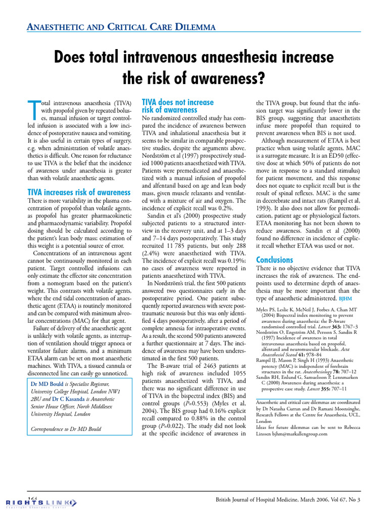 Does Total Intravenous Anaesthesia Increase The Risk of Awareness? | PDF | Anesthesia | Clinical ...