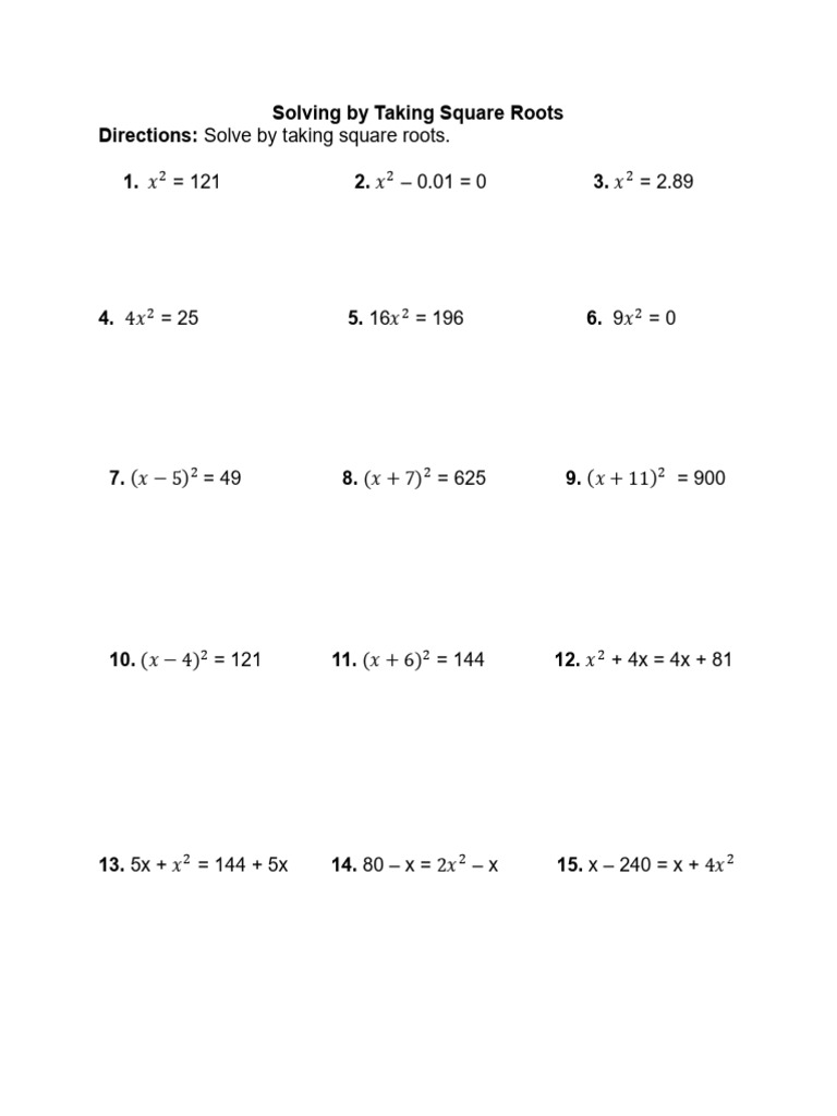 Solving Taking Square Roots WS 9 | PDF