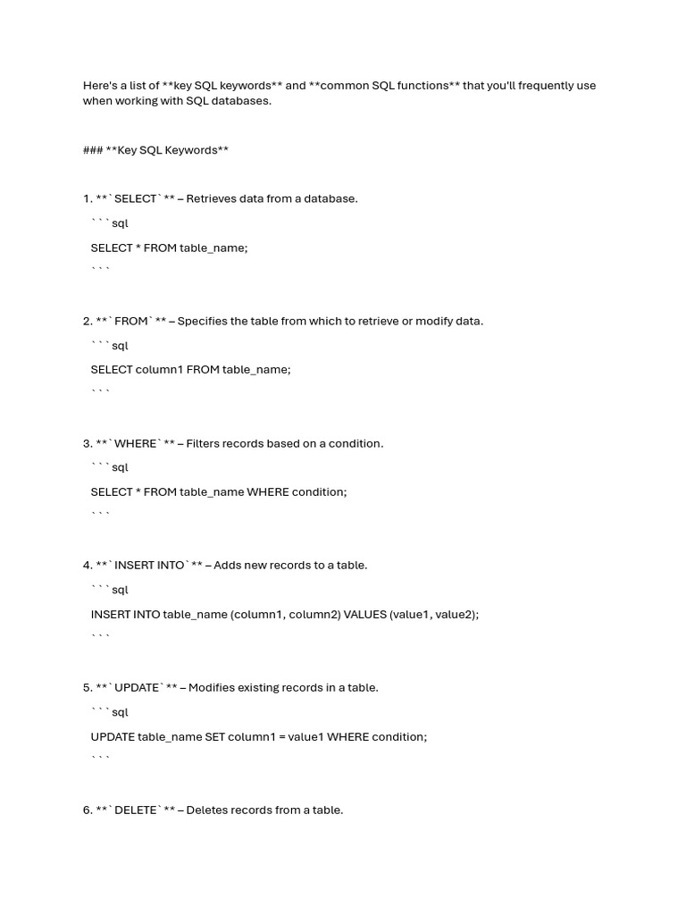 SQL Keywords and Functions | PDF | Table (Database) | Information Retrieval